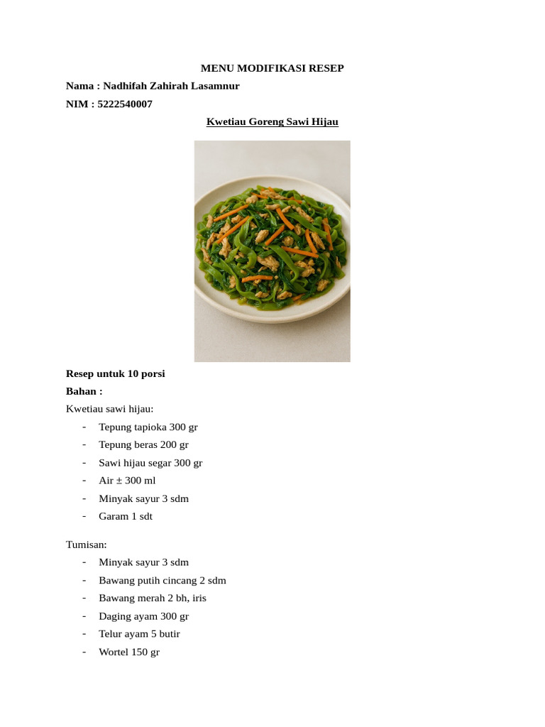 Resep Kwetiau Goreng Sawi Hijau 10 Porsi | PDF
