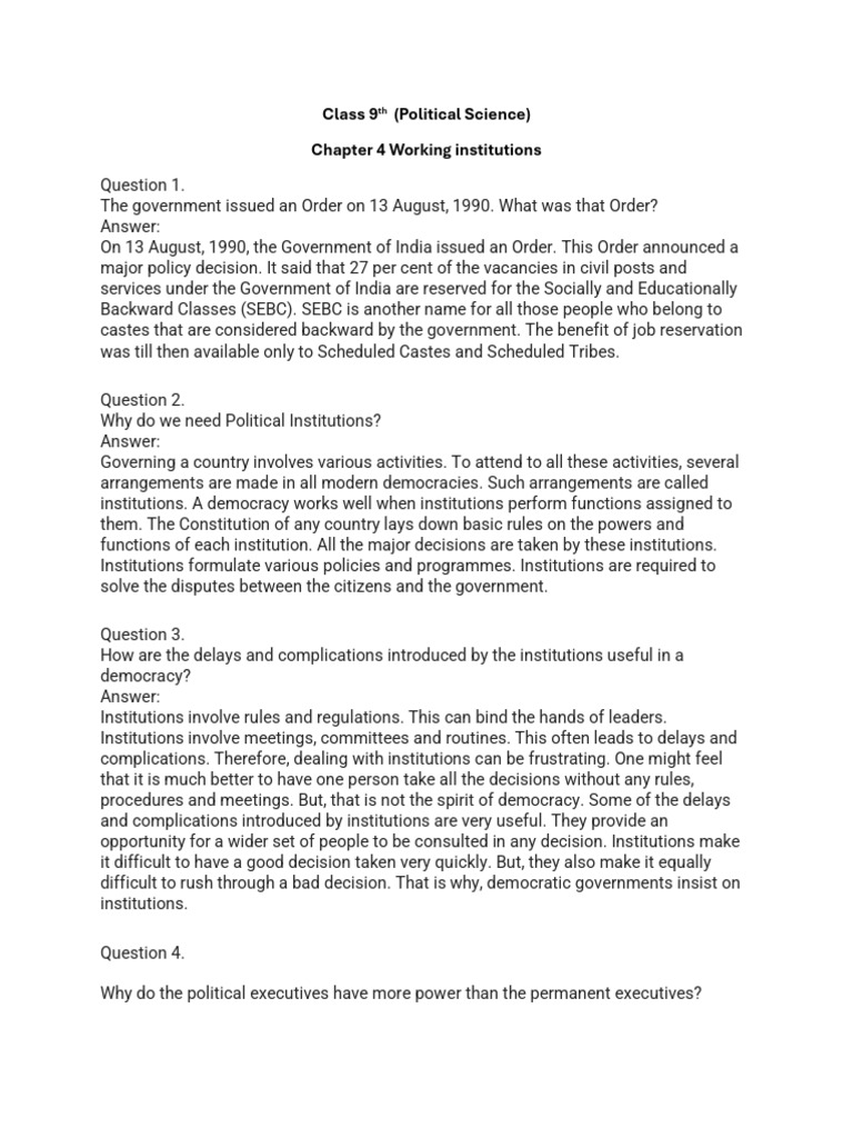 Class 9 (Political Science) Chapter 4 Working Institutions | PDF ...