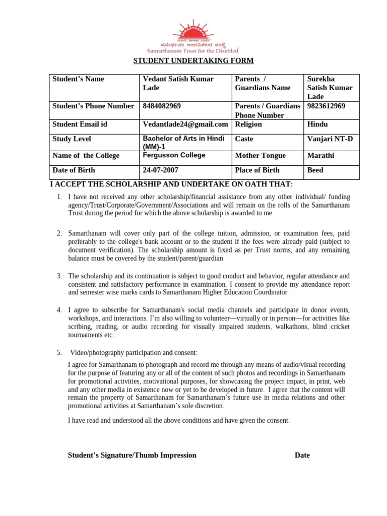 Student Scholarship Undertaking Form | PDF