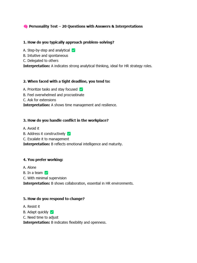 20-Question Personality Test Insights | PDF | Leadership ...