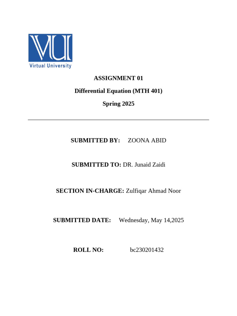 Assignment 01 Mth(401) Zoonaabid Bc230201432 | PDF