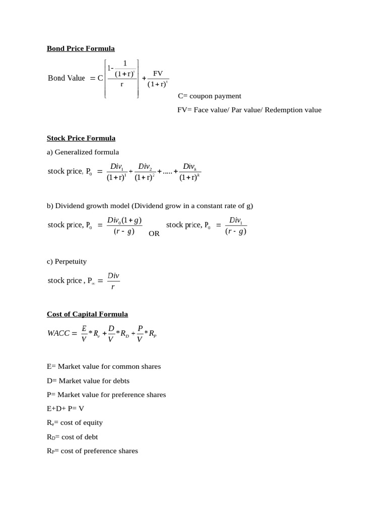 Bond Price - Share Price - Cost of Capital Formula | PDF