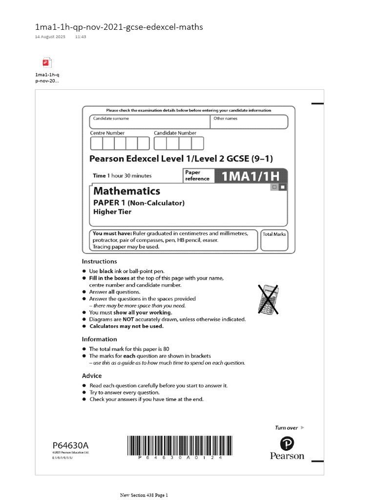 1ma1 1h QP Nov 2021 Gcse Edexcel Maths Elisha 14-8-25 | PDF