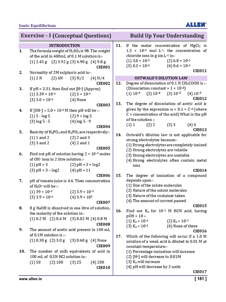 Llen 11th Physical Chemistry Latest Module PDF | PDF | Ph | Acid