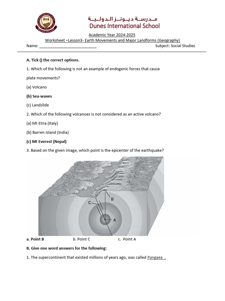 The Earth Movements and Major Landforms - Worksheet Answer Key | PDF ...