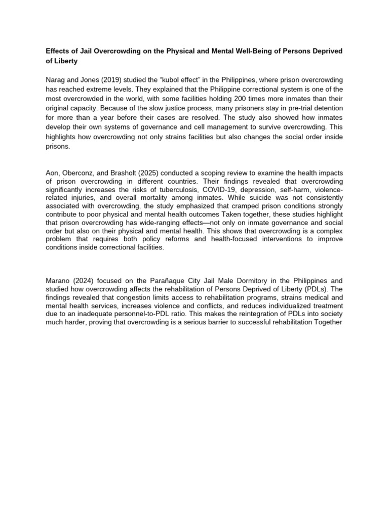 Effects of Jail Overcrowding On The Physical and Mental Well-Being of ...