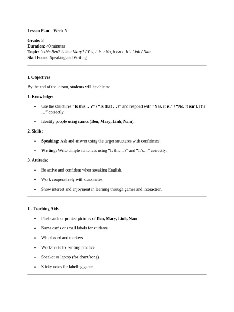 Lesson Plan Week 5 | PDF | Lesson Plan | Pedagogy