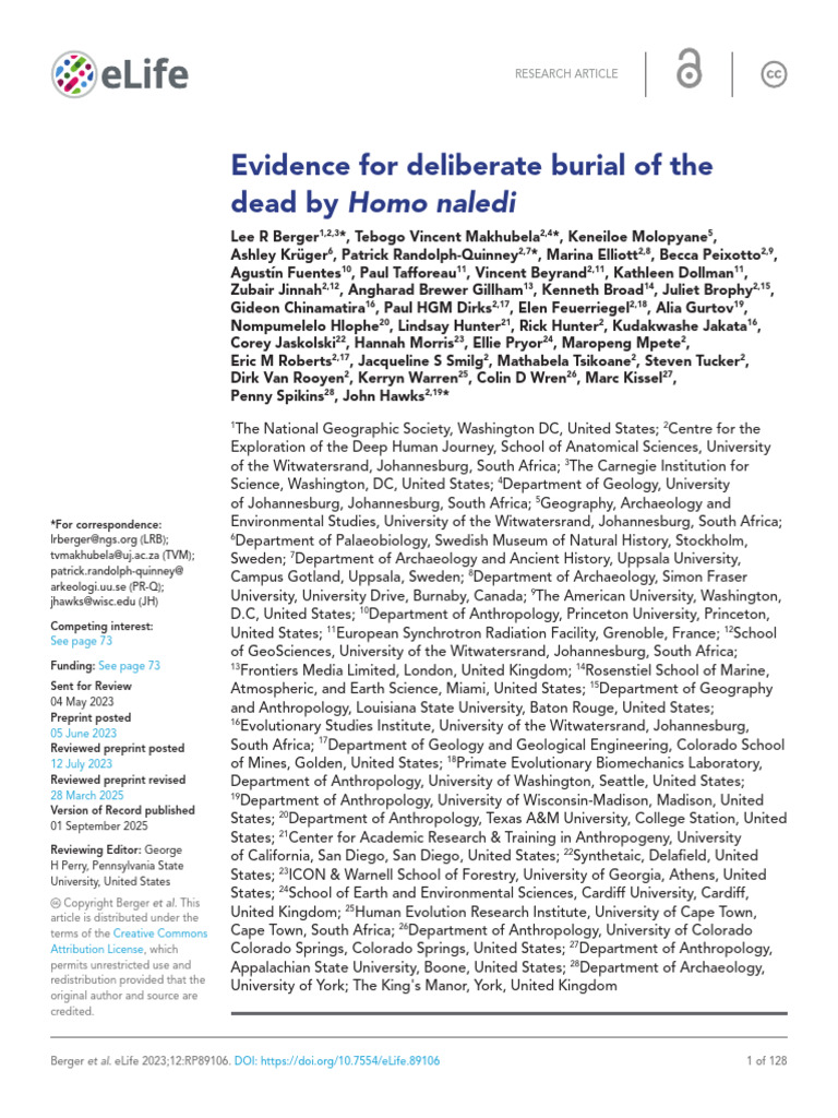 Evidence For Deliberate Burial of The Dead by Homo Naledi | PDF | Burial