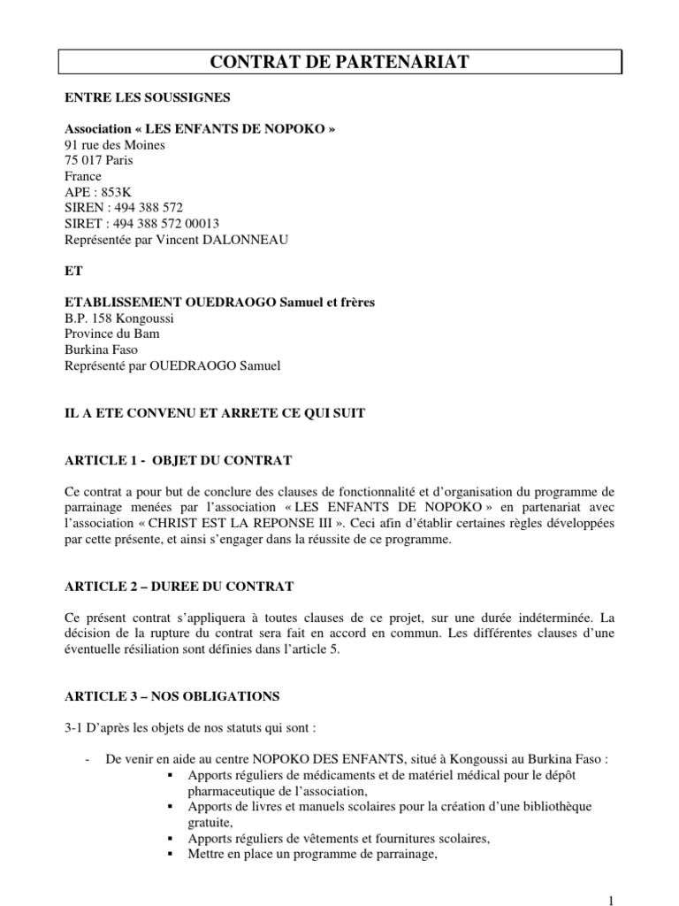 Microsoft Word - CONTRAT DE PARTENARIAT - Commerçnat Parrainage | PDF ...