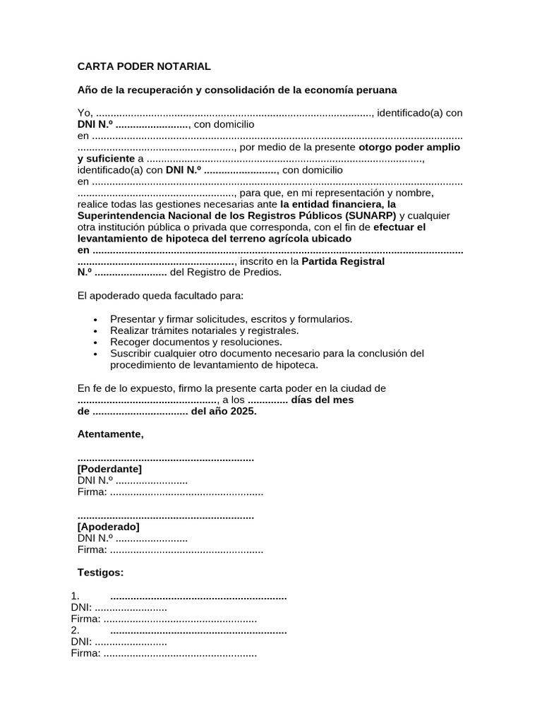 Carta Poder Notarial para Levantamiento de Hipoteca | PDF