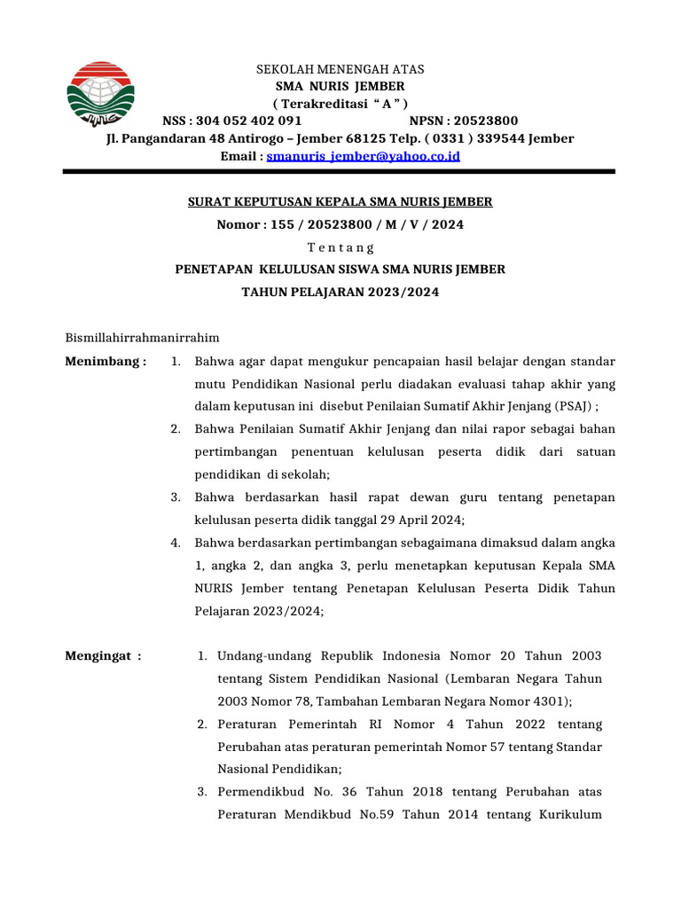 Kelulusan Siswa SMA Nuris Jember 2024 | PDF