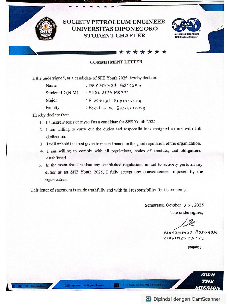Muhammad Adrisyah - Commitment Letter | PDF