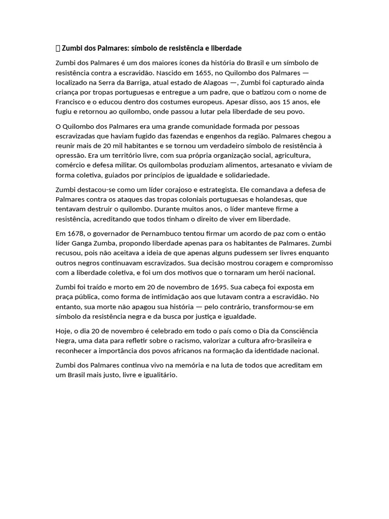 Zumbi dos Palmares: Resistência e Liberdade | PDF