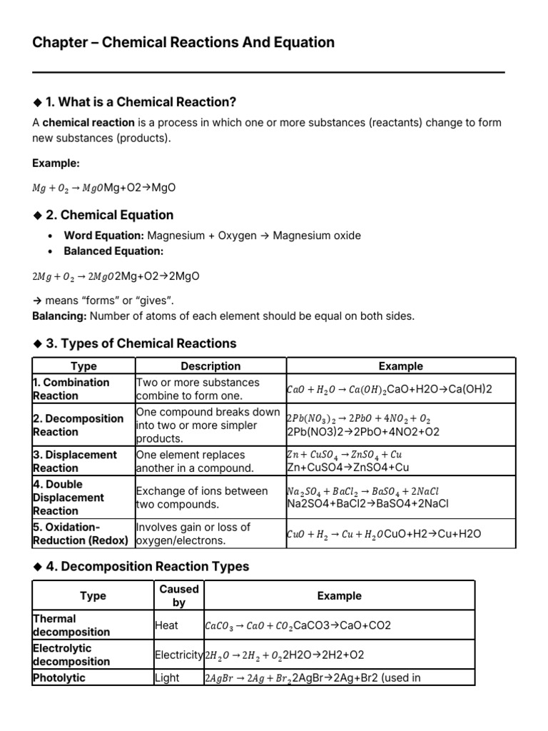 Chapter – Chemical Reactions and Equation | PDF | Chemical Reactions ...
