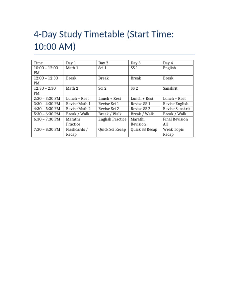 4 Day Study Timetable | PDF