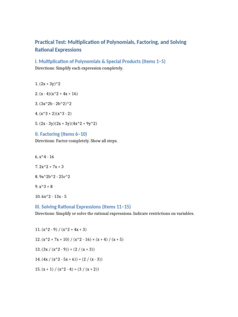 Practical Test Polynomials and Rational Expressions | PDF