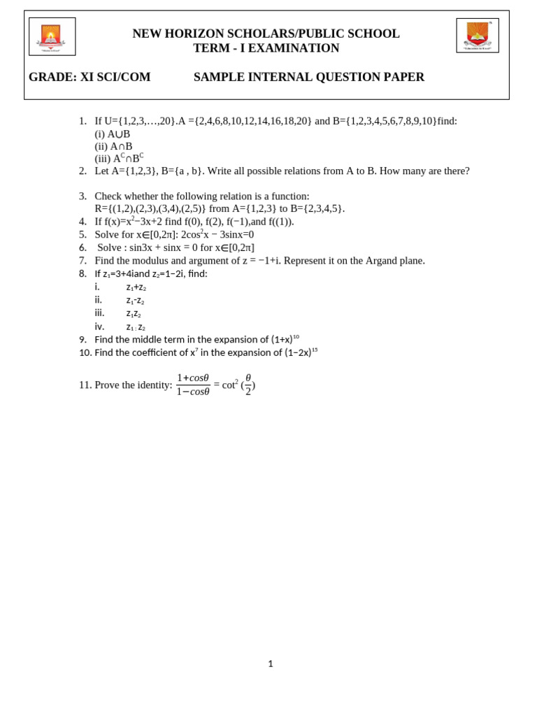 Grade 11 Standard Math Internal Sample Paper | PDF