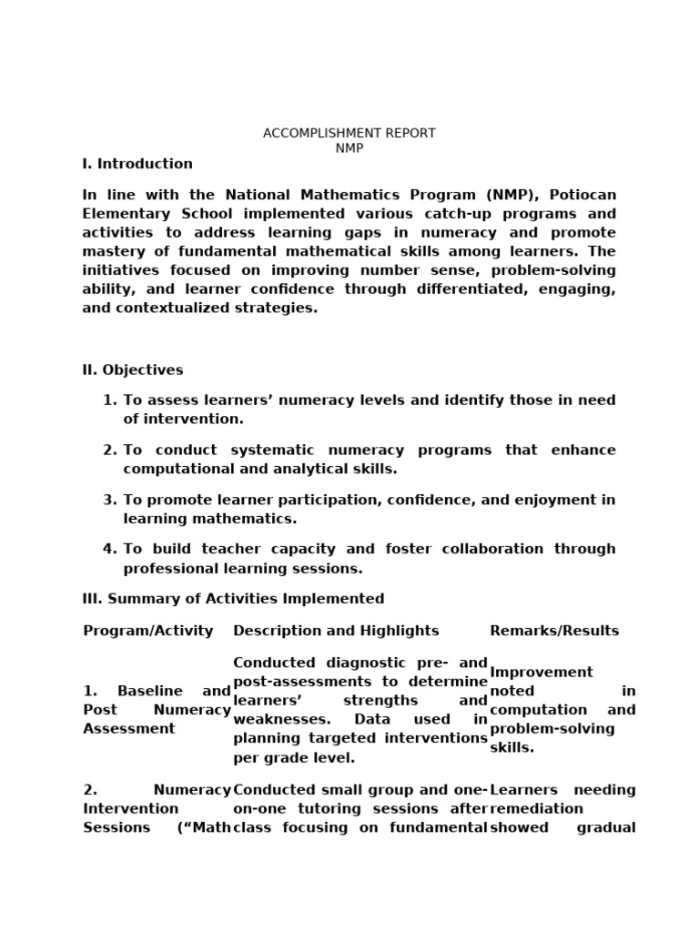 ACCOMPLISHMENT NMP | PDF | Reading Comprehension | Intelligence