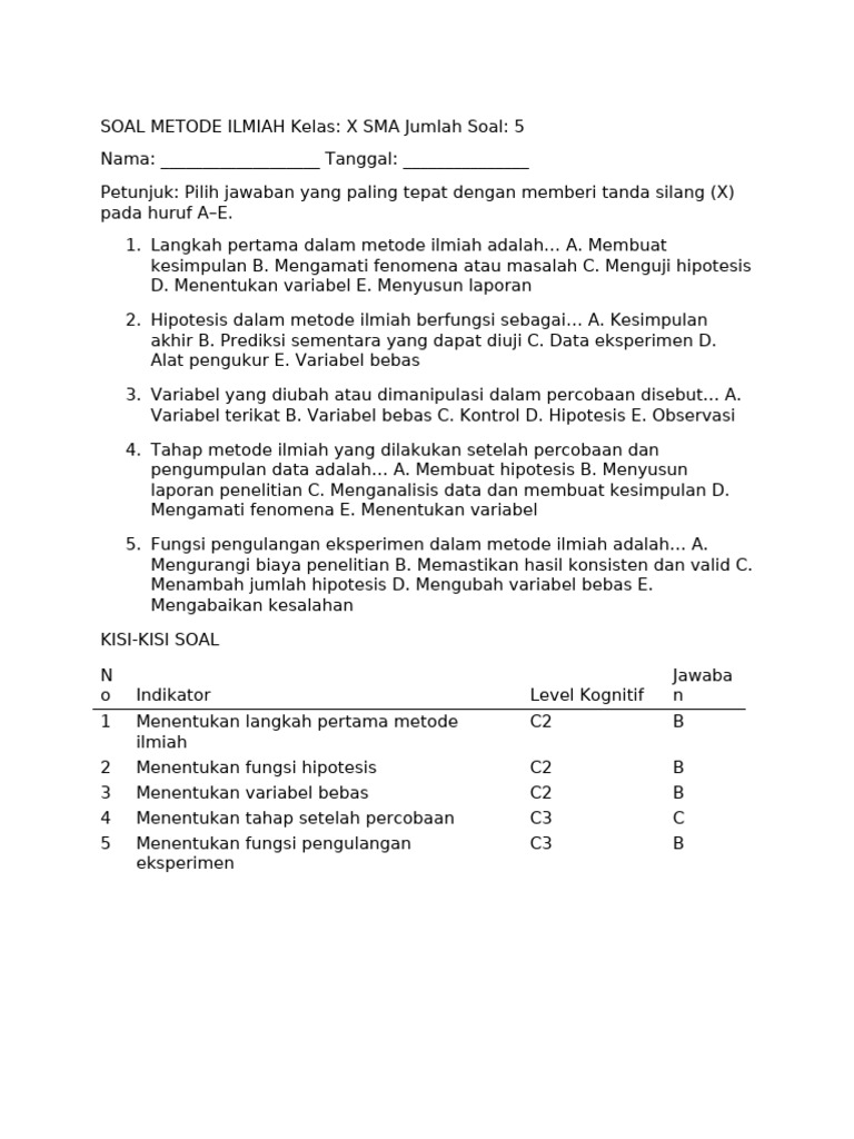 Soal Metode Ilmiah untuk Kelas X SMA | PDF