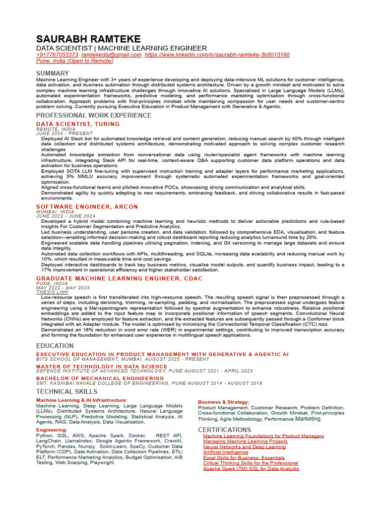 Data Scientist & ML Engineer Profile | PDF | Machine Learning ...