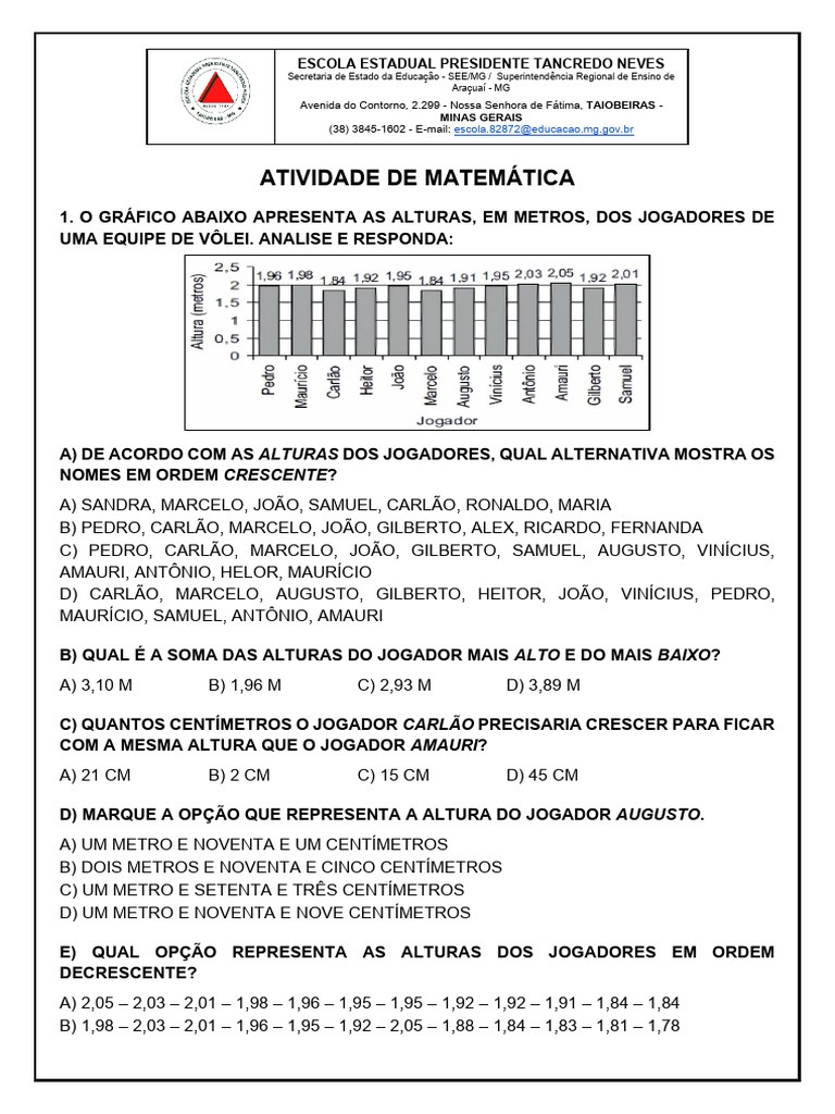 Altura Dos Jogadores - Atividade Adaptada | PDF