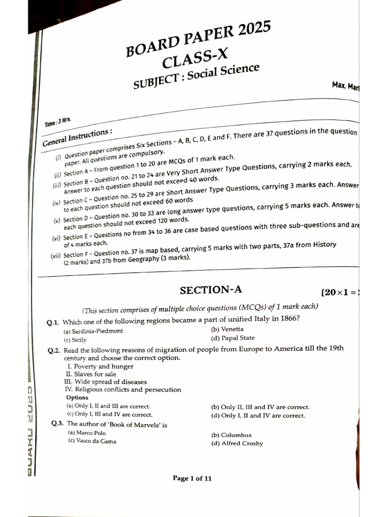 SST Board Question Paper - 2025 | PDF
