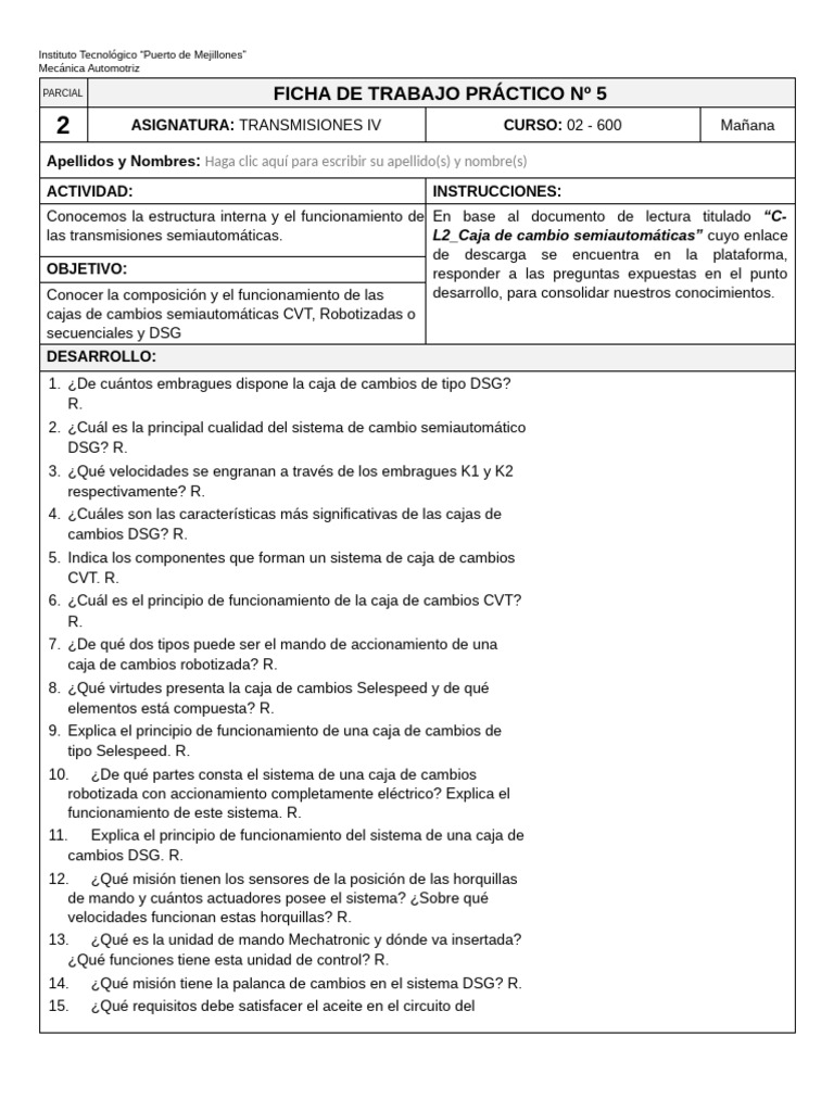 Ficha de Trabajo Practico - 5 | PDF | Vehículo de motor | Tecnologías automotrices