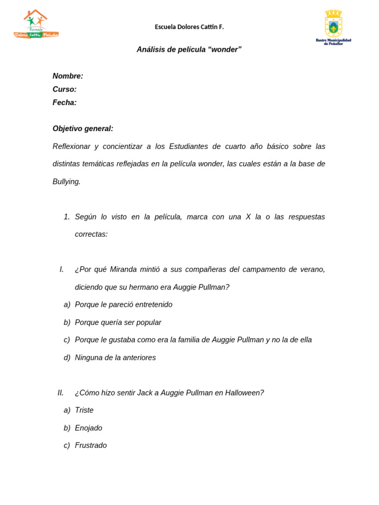 Preguntas Sobre La Pelicula Wonder Trabajo 4 Año Básico | PDF