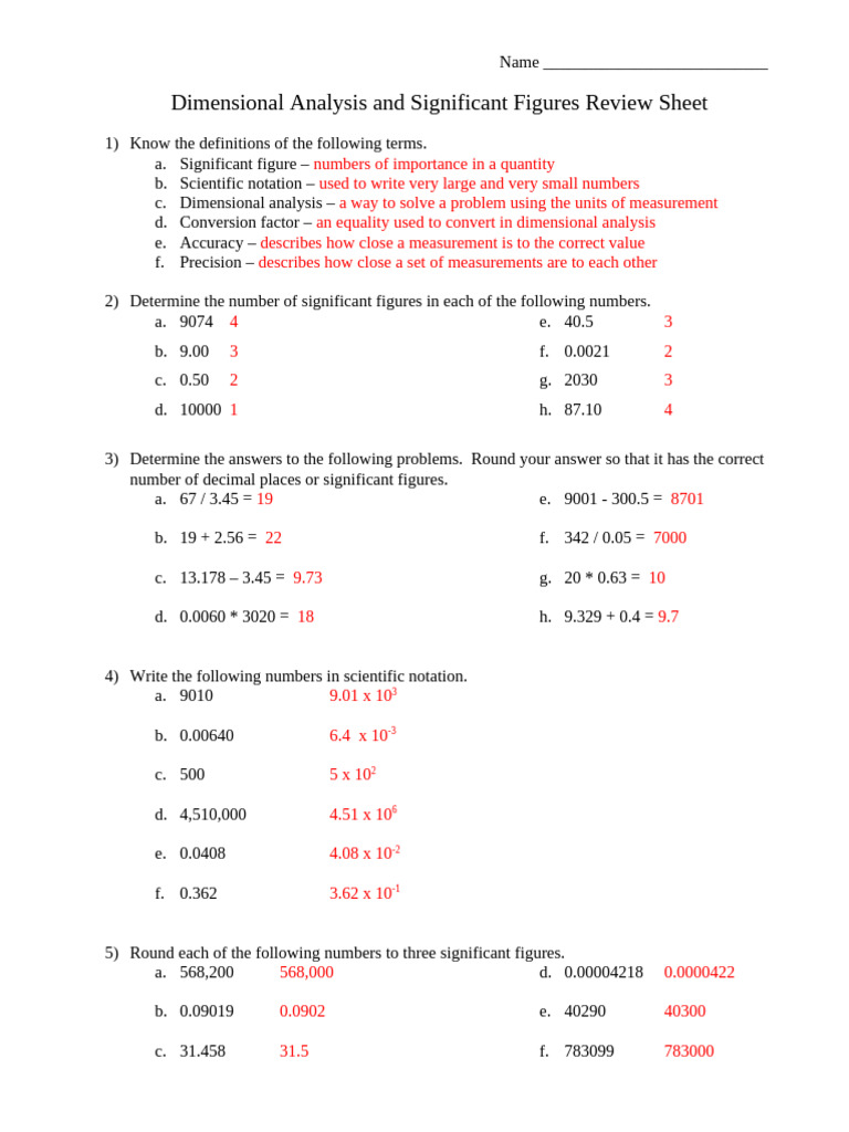 Dimensional Analysis Review Answers Reno | PDF | Significant Figures ...