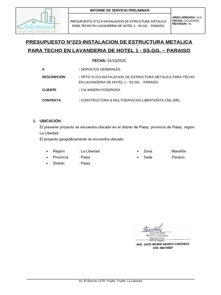 Informe de Servicio Preliminar Ppto N°223 | PDF