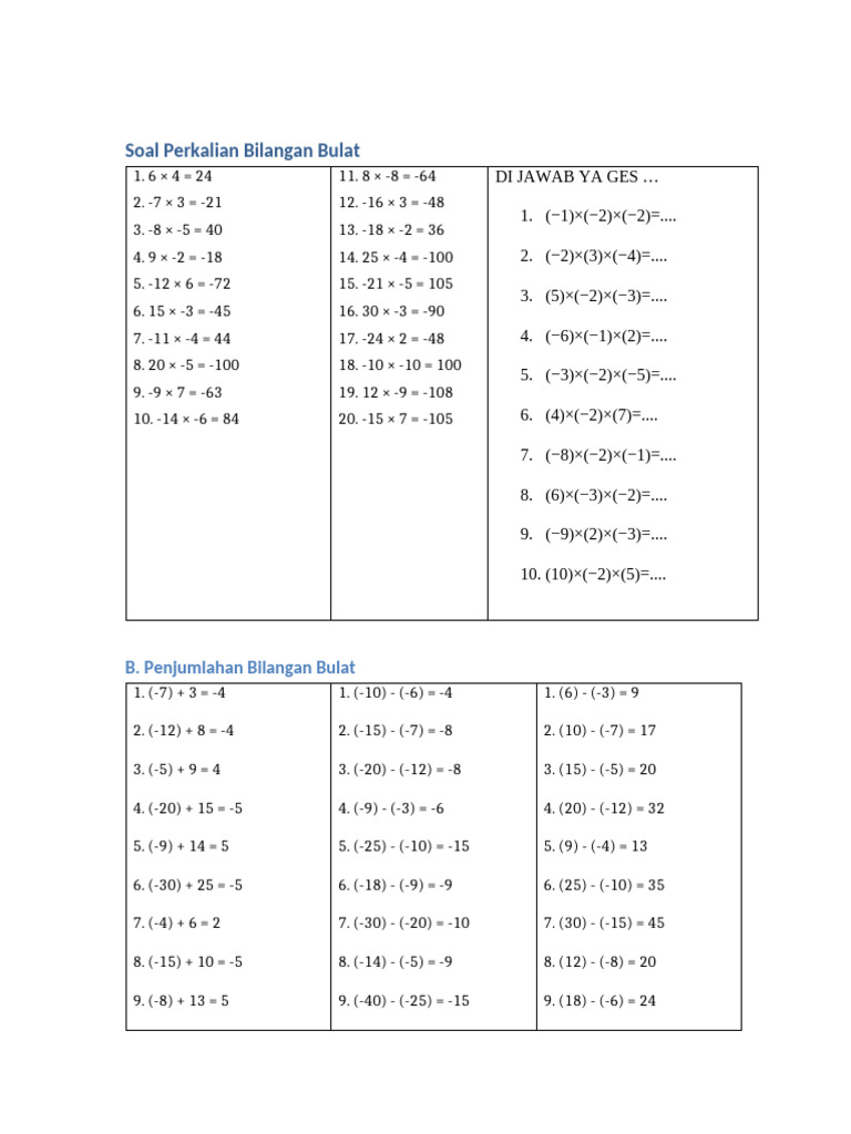 Soal Perkalian dan Penjumlahan Bilangan Bulat | PDF