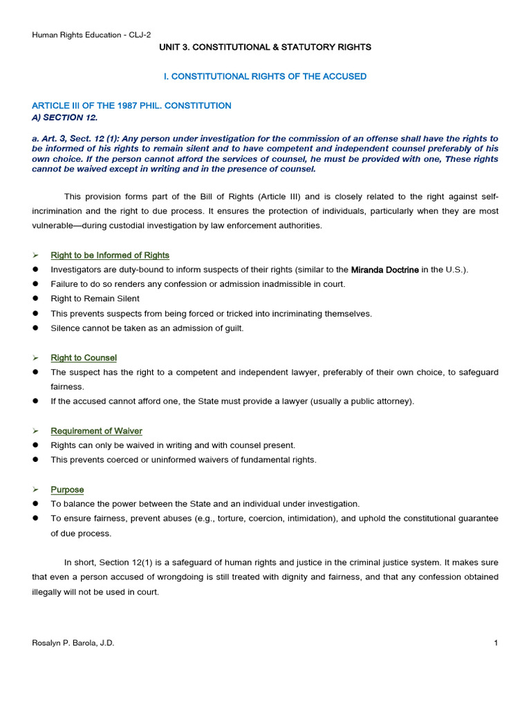 UNIT-3.-CONSTITUTIONAL-RIGHTS-STATUTORY-RIGHTS-OF-THE-ACCUSED | PDF ...