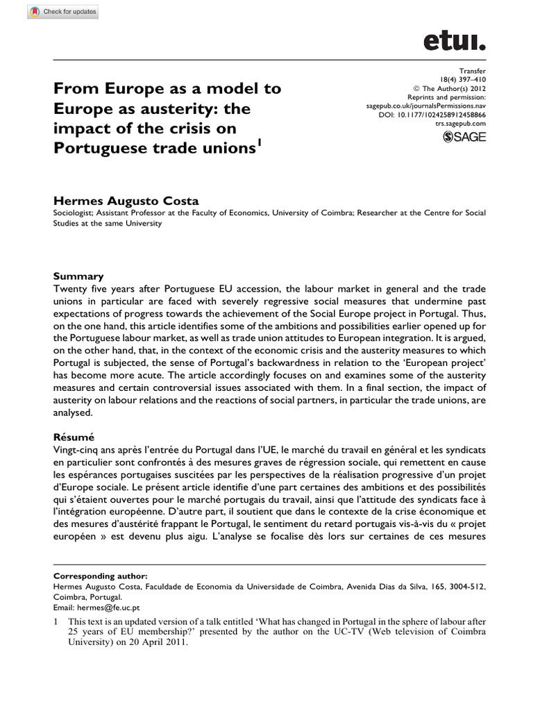 Costa 2012 From Europe As A Model To Europe As Austerity The Impact of ...