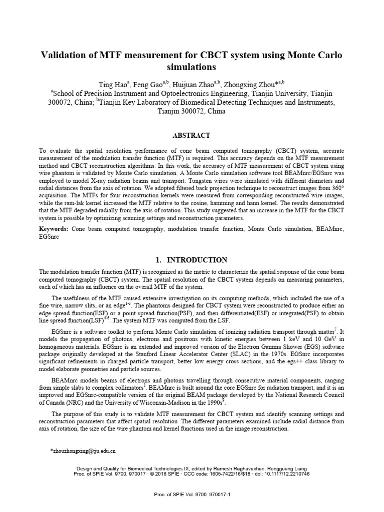 Validation of MTF Measurement For CBCT System Using Monte Carlo ...