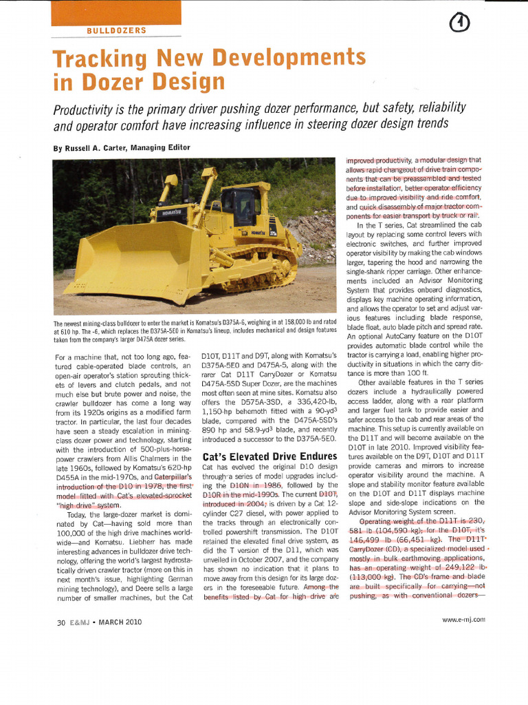 Article On Dozer Development and Features (KOM & CAT) - E&MJ 2010 | PDF