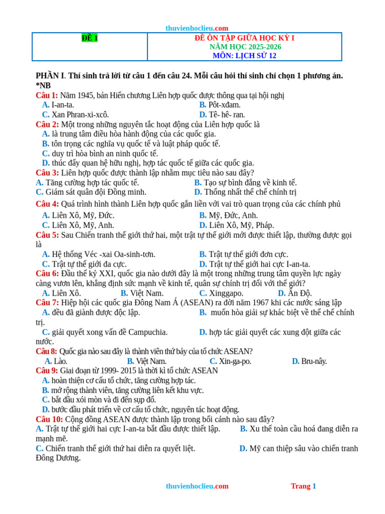 Thuvienhoclieu.com Bo de on Tap Giua HK1 Lich Su 12 Nam 25 26 | PDF