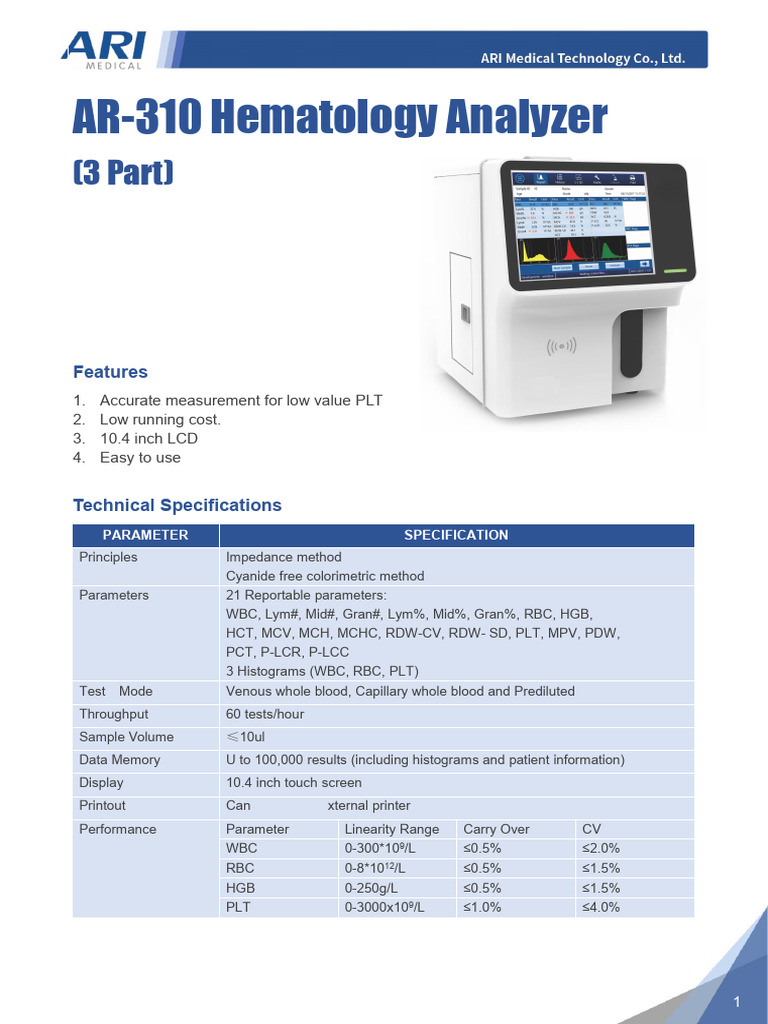 AR-310 Hematology Analyzer Specs | PDF