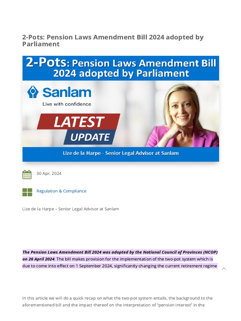 2-Pots - Pension Laws Amendment Bill 2024 Adopted by Parliament - EBnet ...