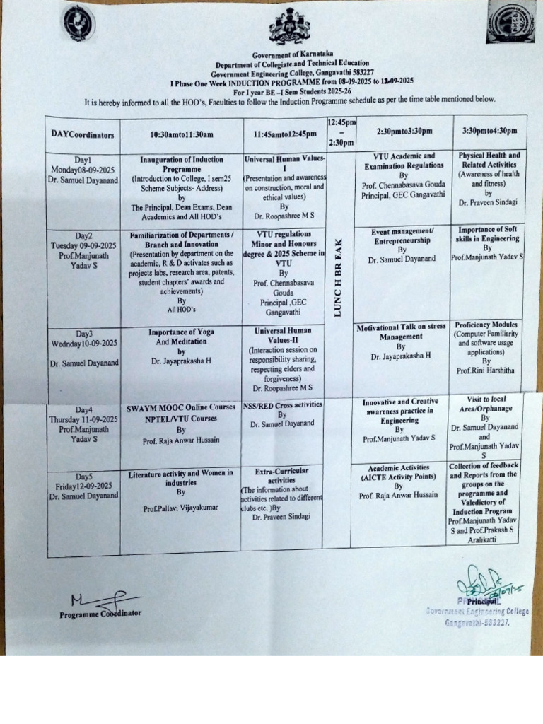 Induction Programme Schedule 2025 | PDF
