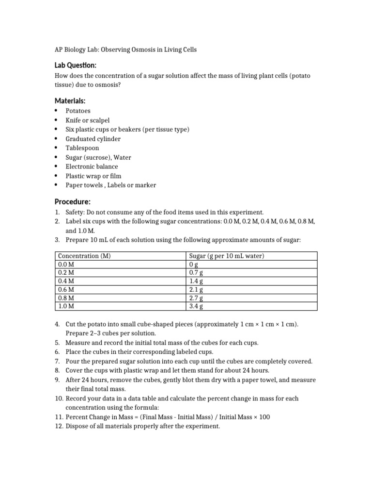 AP - Biology Osmosis Lab Materials & Procedure | PDF