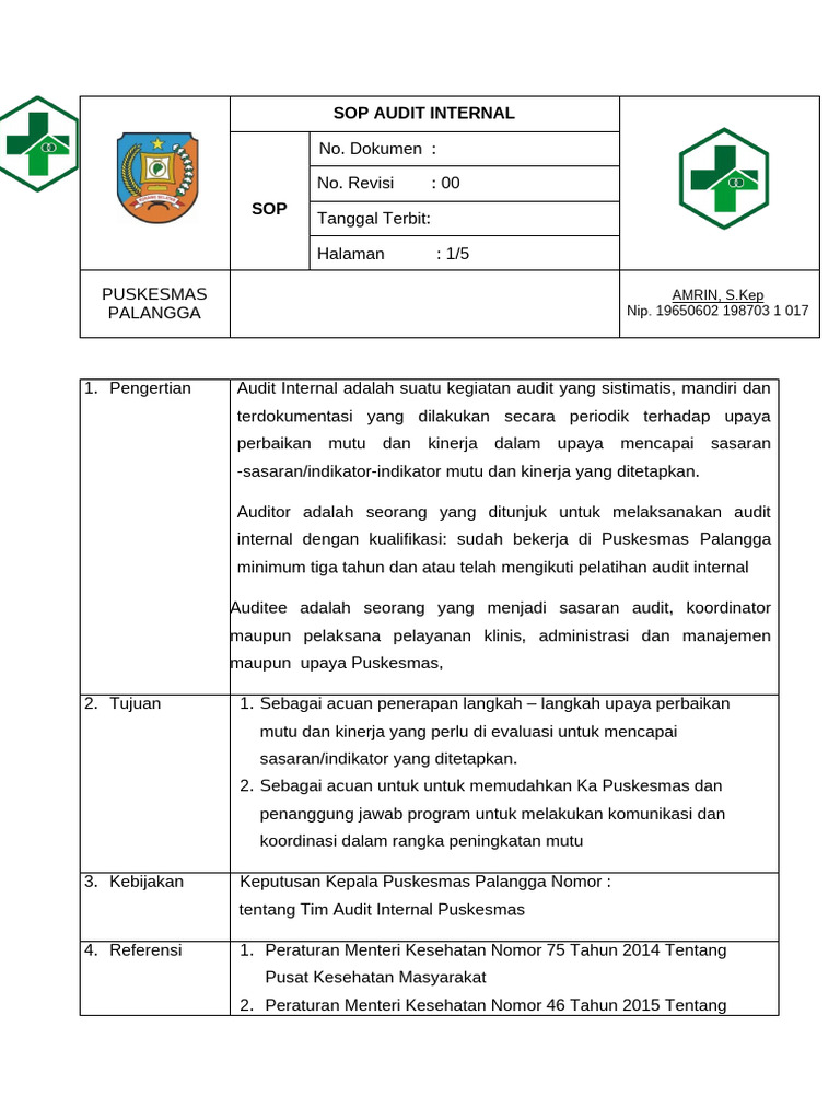 SOP Audit Internal Puskesmas Palangga | PDF