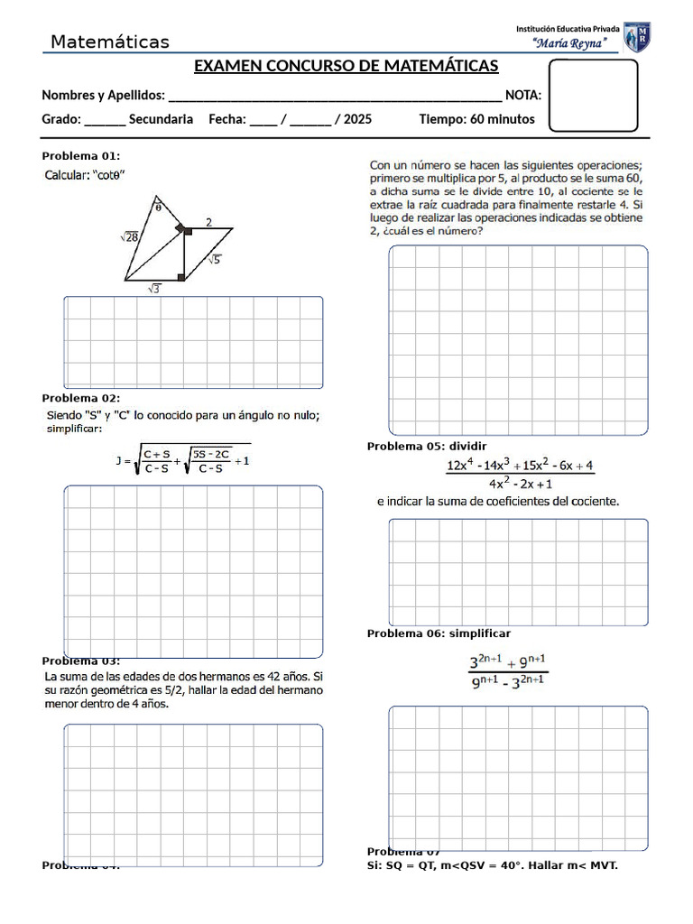 Examen Concurso Matematica 3ro y 4to | PDF