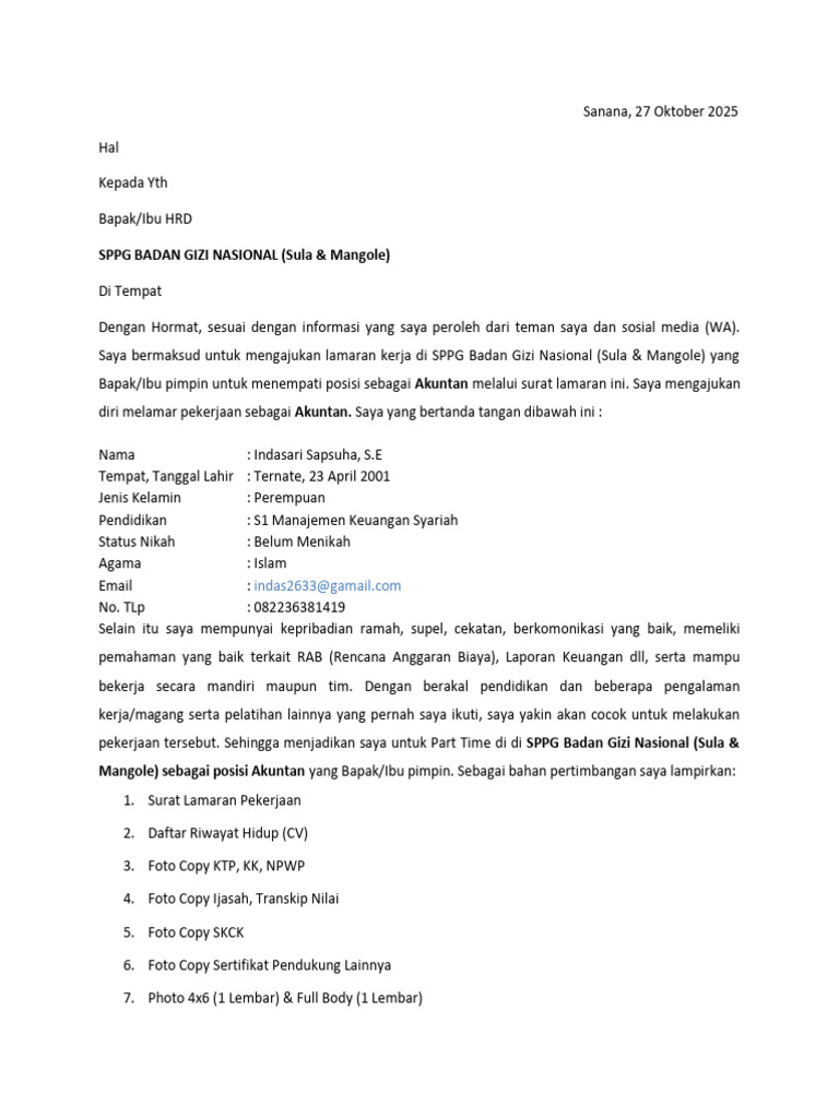 CV - Indasari Sapsuha - Akuntan - SPPG Badan Gizi Nasional (Sula ...