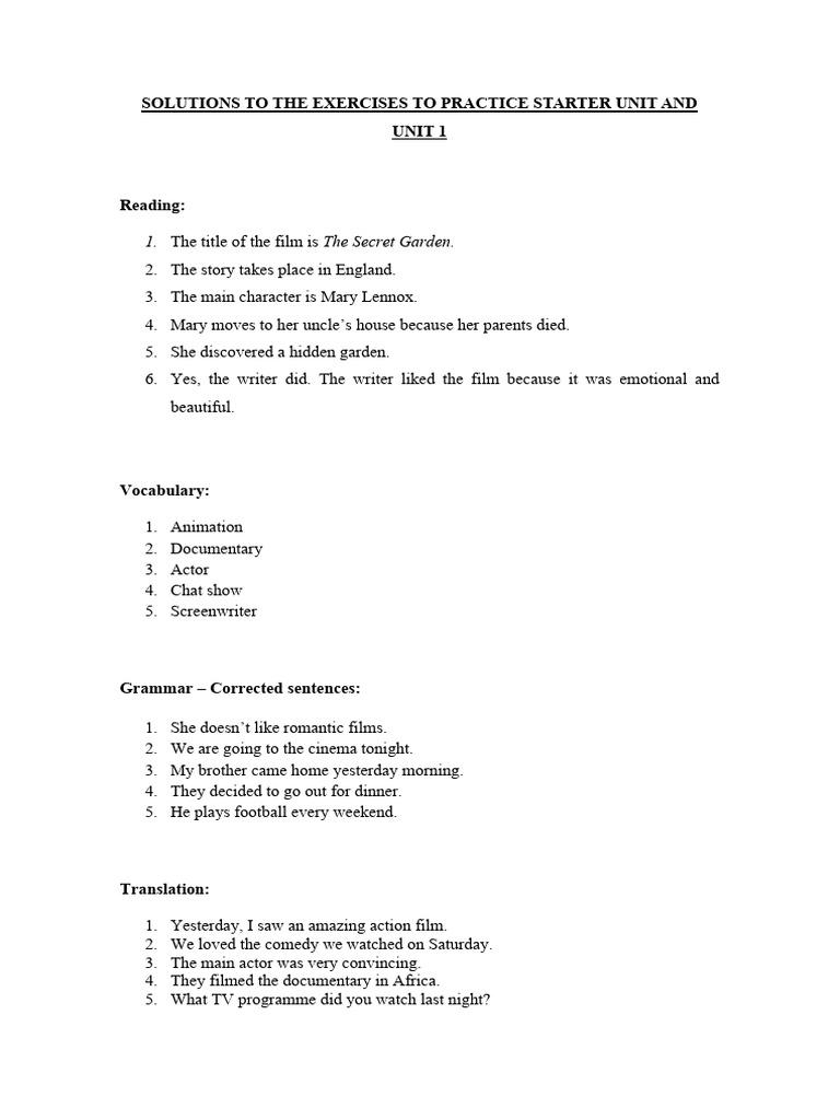 Exercise Solutions for Starter Unit 1 | PDF