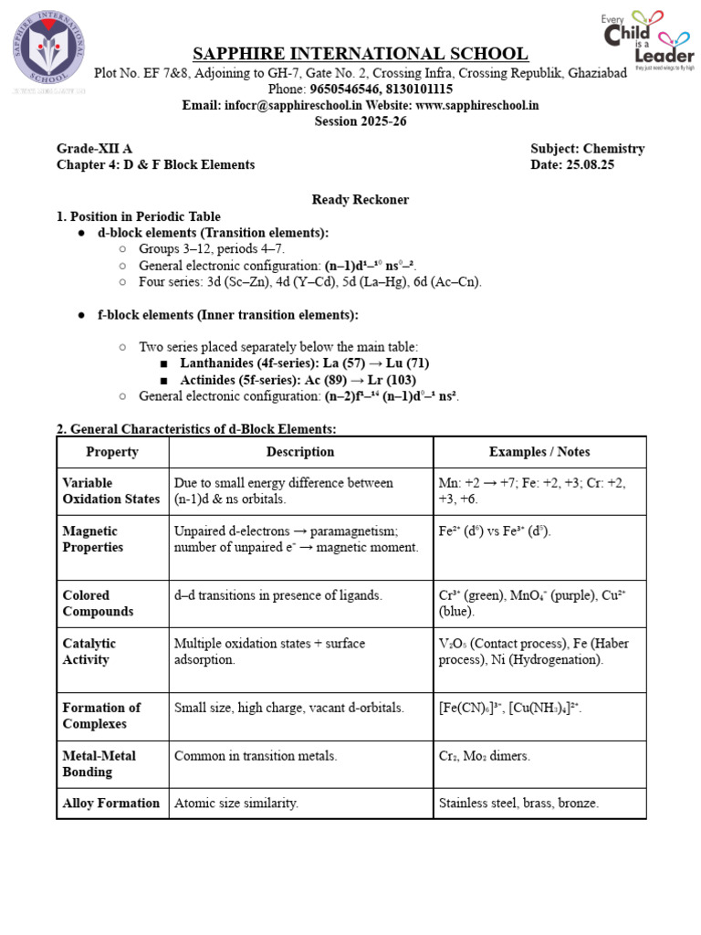 Ready Reckoner Ch4 D and F Block Elements Grade11 | PDF | Transition Metals | Lanthanide