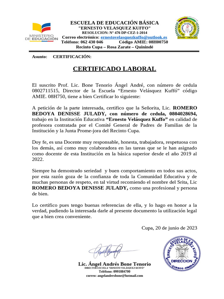 Certificado de Honorabilidad Romero Bedoya Denisse Julady | PDF