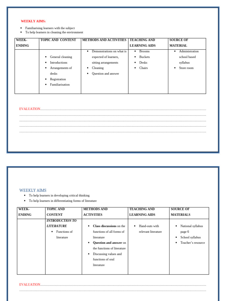 Weekly Literature Teaching Plan | PDF | Learning | Teachers