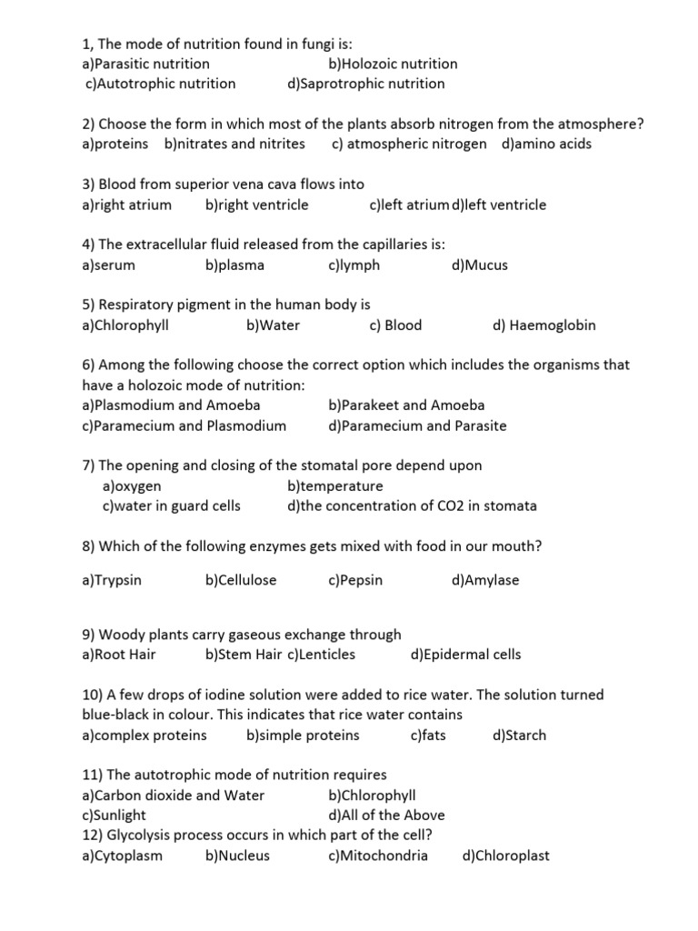 Biology Quiz: Nutrition and Respiration | PDF | Atrium (Heart ...