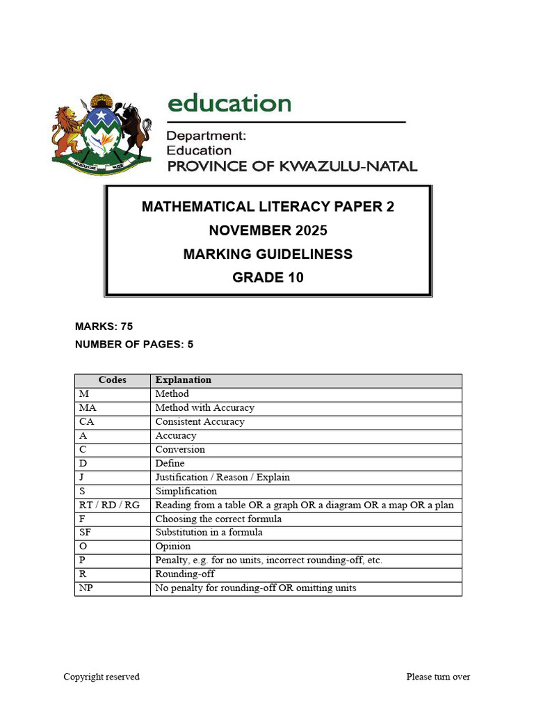 g10 Maths Lit Paper 2 Nov 2025 Memo | PDF | Area | Elementary Mathematics