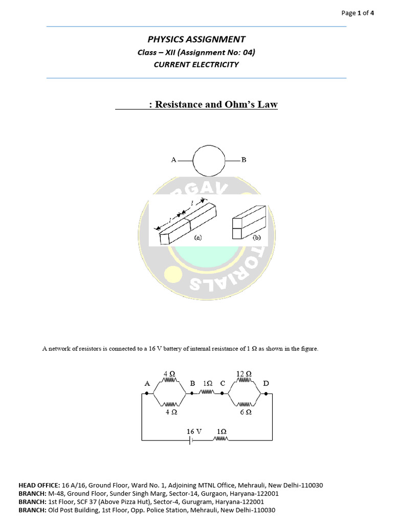Class XII Physics Assignment: Current Electricity | PDF | Voltage ...